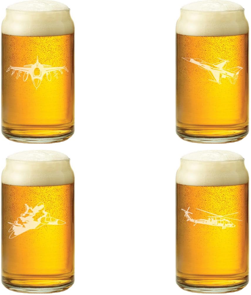 16 oz Beer Can Glass Gift Set of 4 Military Aviation Military Planes ...