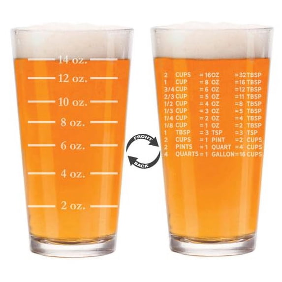 16 oz Beer Pint Glass 2 Sided Gift Measuring Cup Liquid Volumes Ounces ...