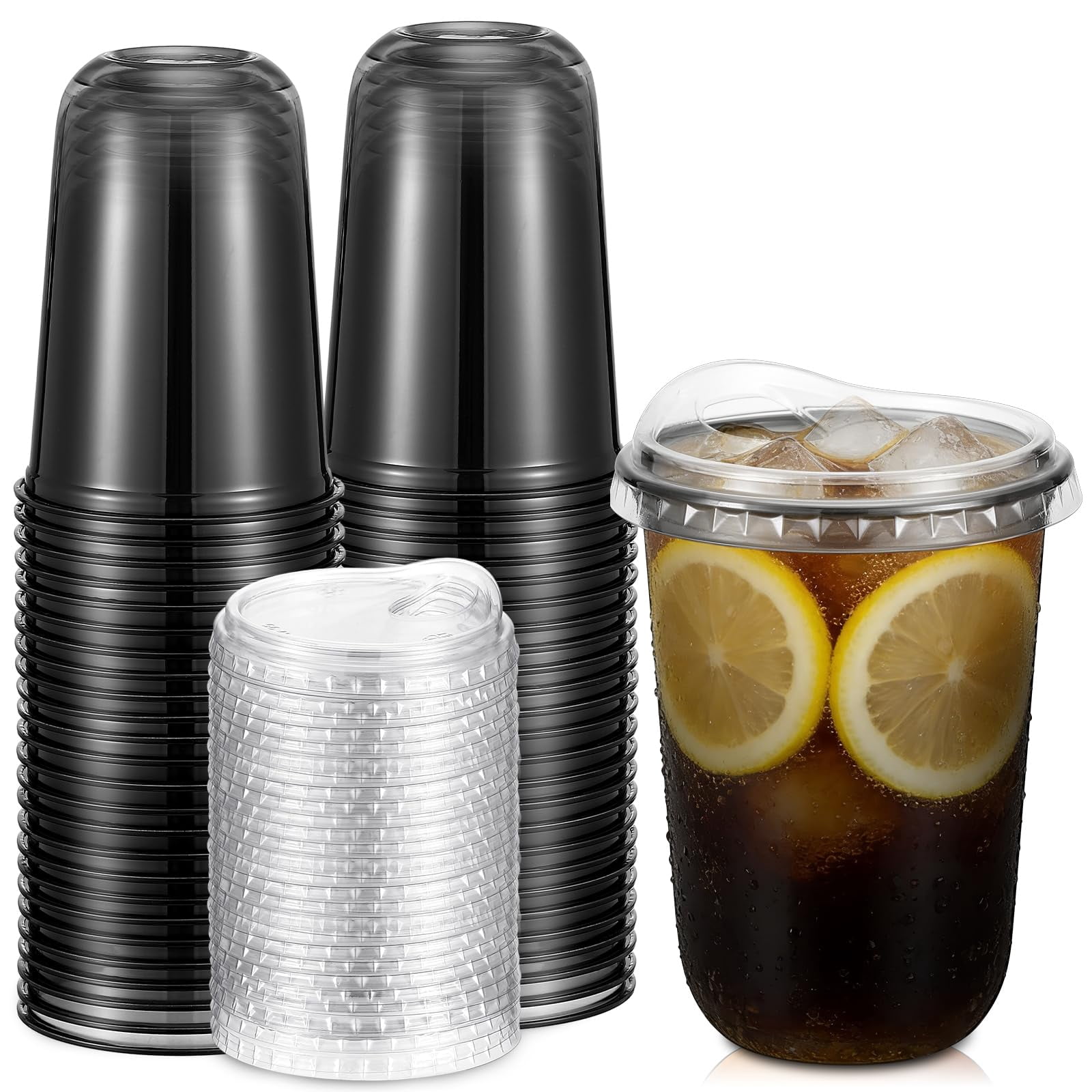 16 oz Black Plastic Cups with Sip Lids, Disposable Drinkware for Iced ...
