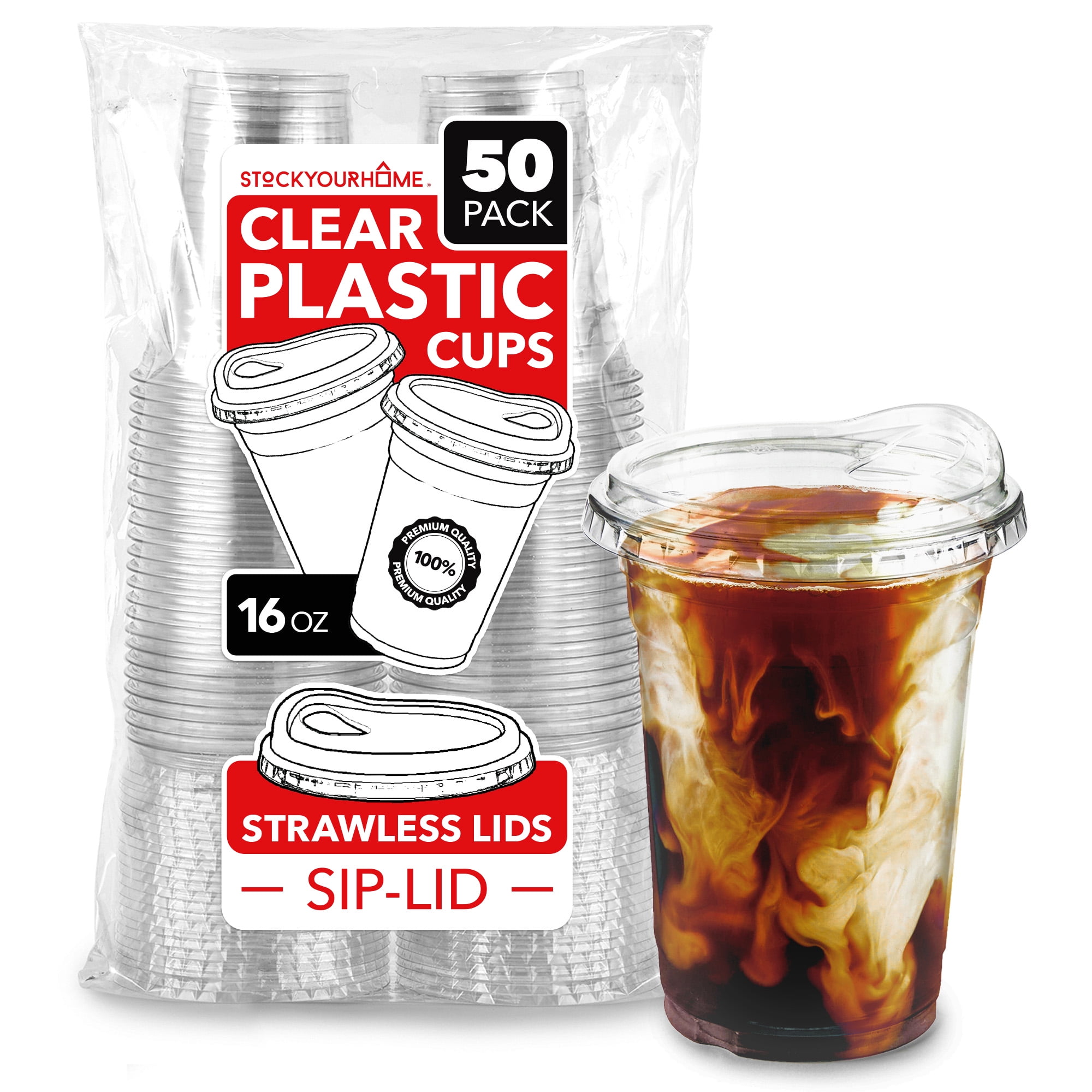Stock Your Home 16 oz Clear Plastic Cups with Lids Bulk Set of 50 for Cold Brew Iced Coffee ...