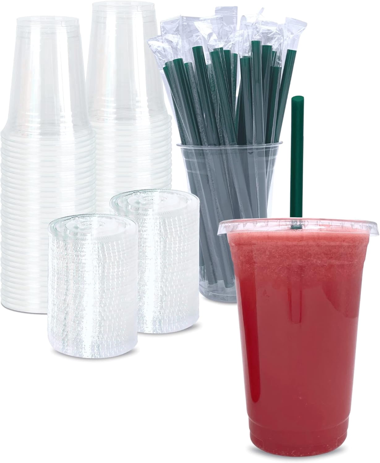 16 oz Clear Plastic Cups with Lids and STRAWS, Disposable Drinking Cups ...