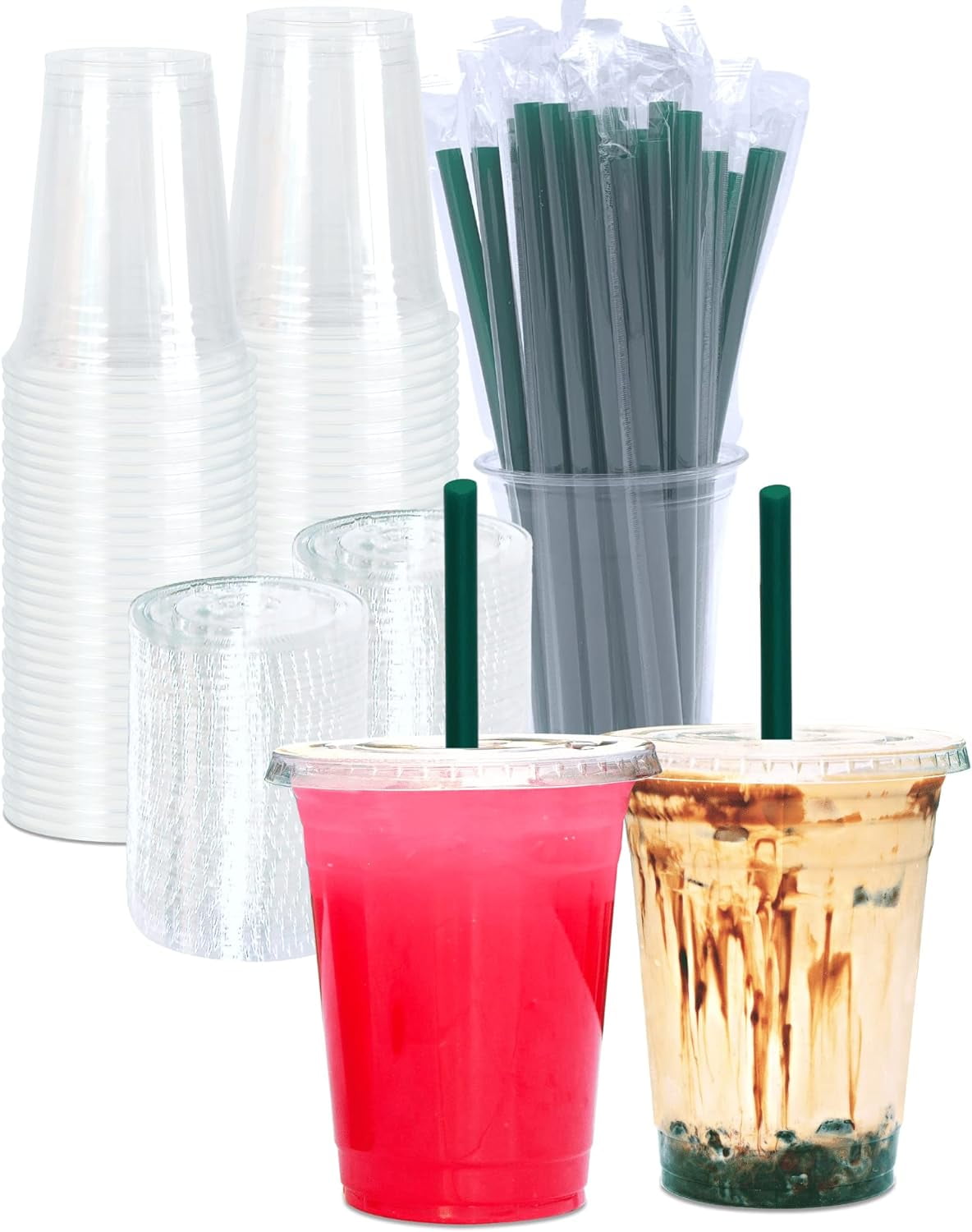 16 oz Clear Plastic Cups with Lids and STRAWS, Disposable Drinking Cups ...