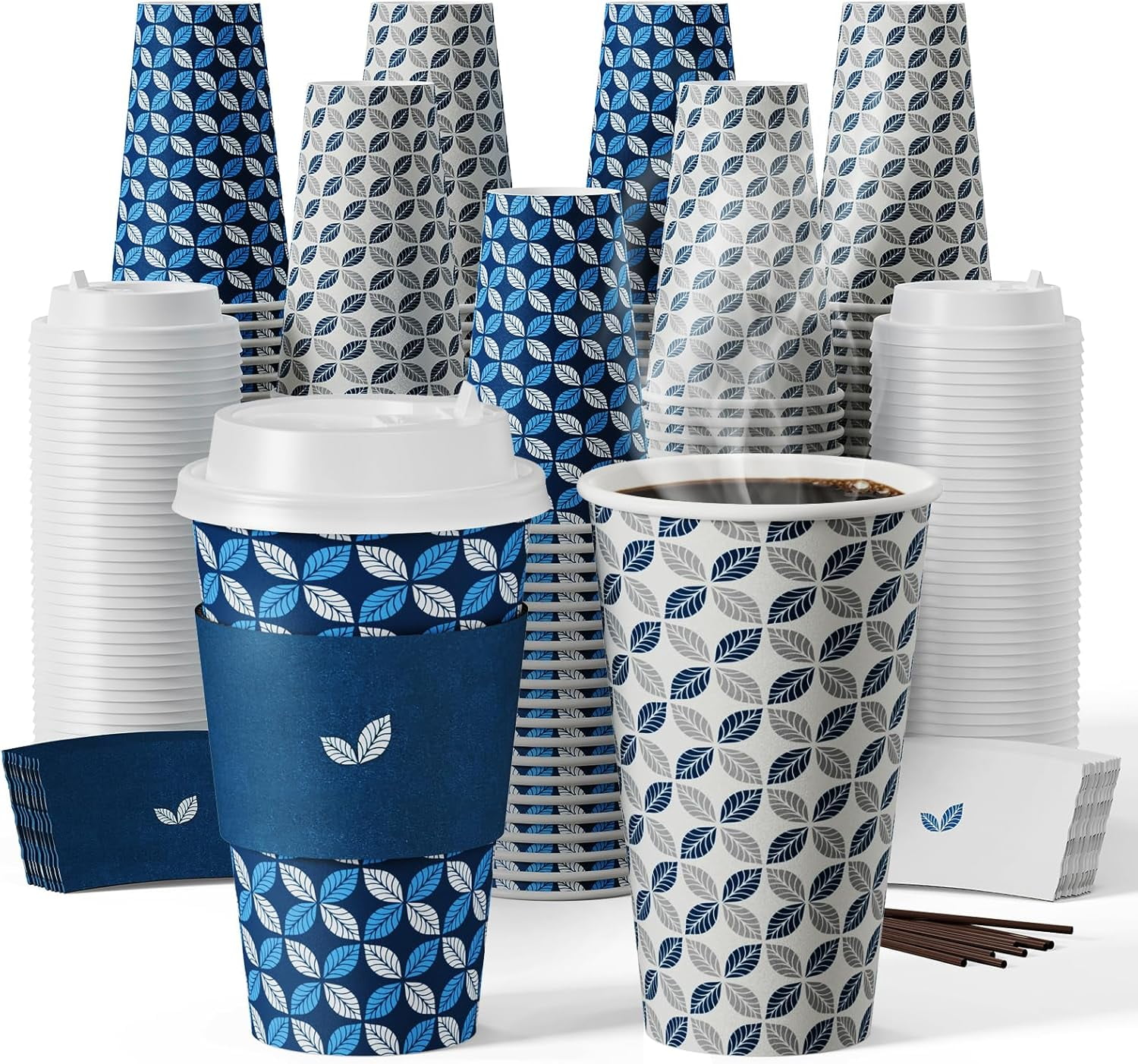 16 oz Coffee Cups with Lids 100 Pack, Disposable Hot Paper Coffee Cups ...
