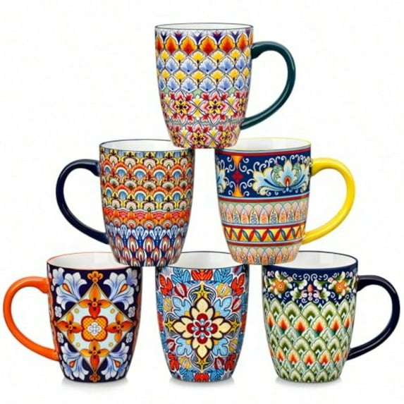 16 oz Coffee Mugs Set of 6 Large Ceramic Mug with Handle Boho Coffee ...