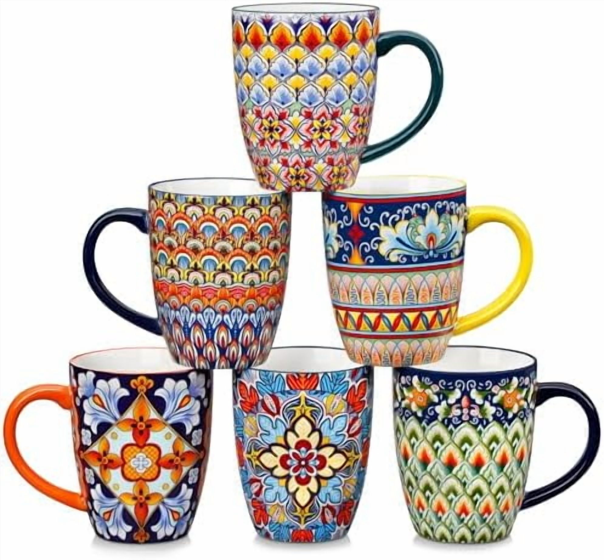16 oz Coffee Mugs Set of 6, Large Ceramic Mug with Handle, Boho Coffee ...