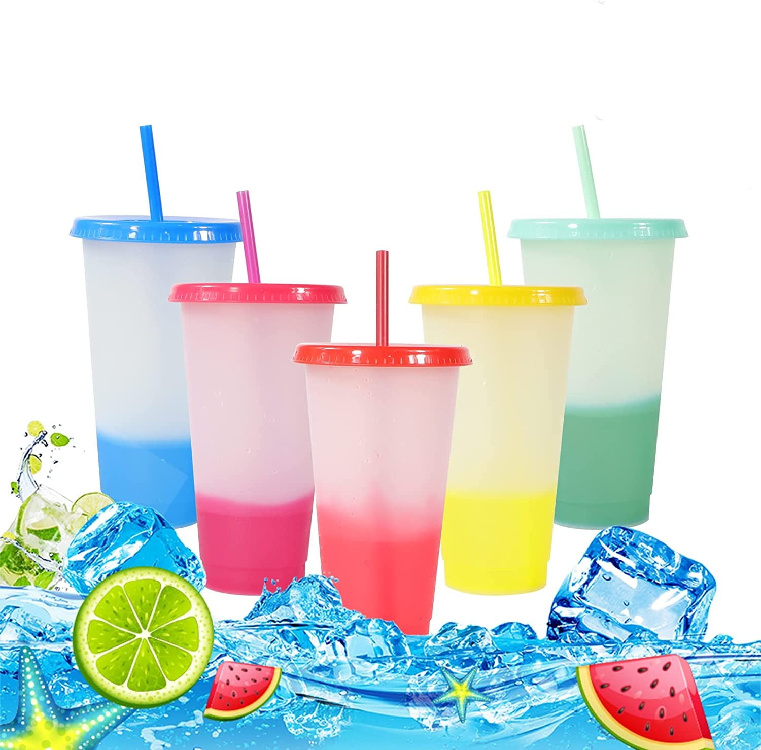 16 oz Color Changing Cups with Lids and Straws, TRIANU Reusable Plastic ...