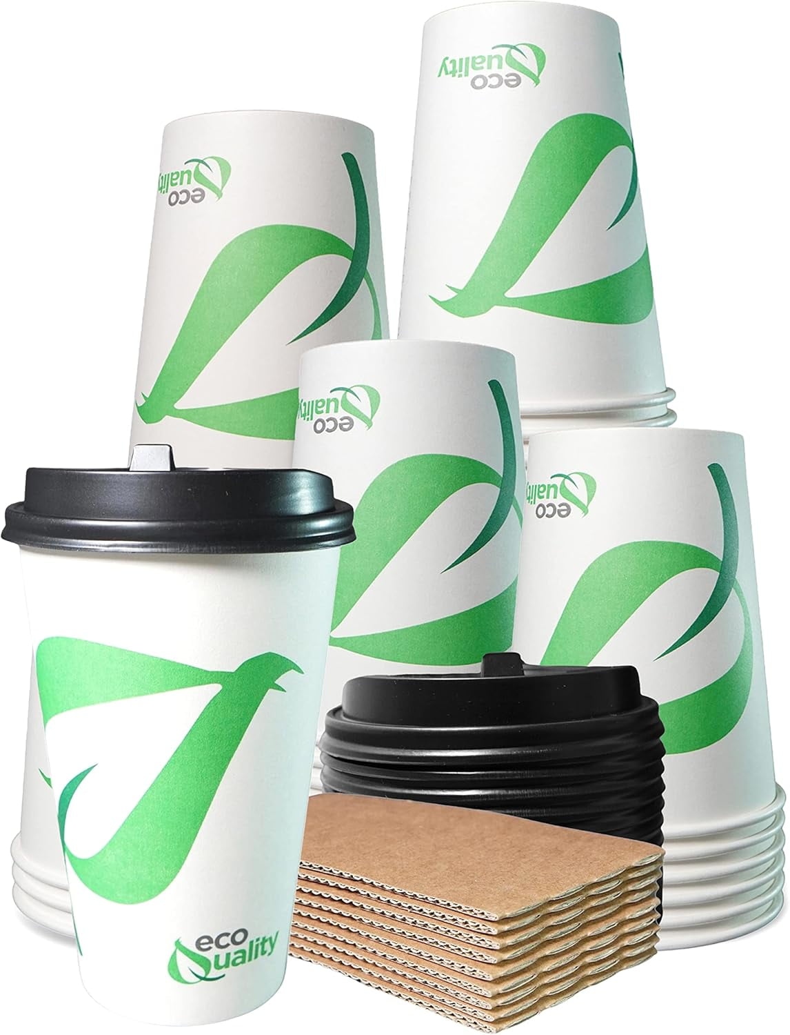 16 oz Compostable Paper Cups with Black Dome Lids and Sleeves ...