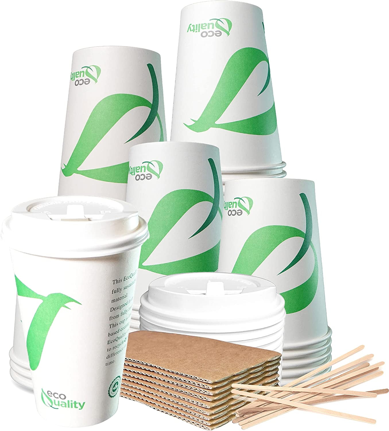 16 oz Compostable Paper Cups with White Dome Lids, Sleeves and Wooden ...