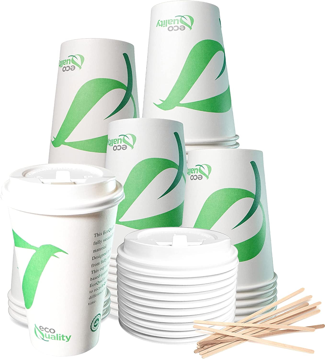 16 oz Compostable Paper Cups with White Dome Lids and Wooden Stirrers ...