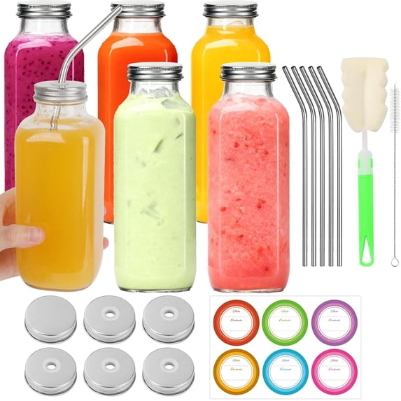 16 oz Glass Juice Bottles with 6 | & Leakproof Juicing Jars with ...