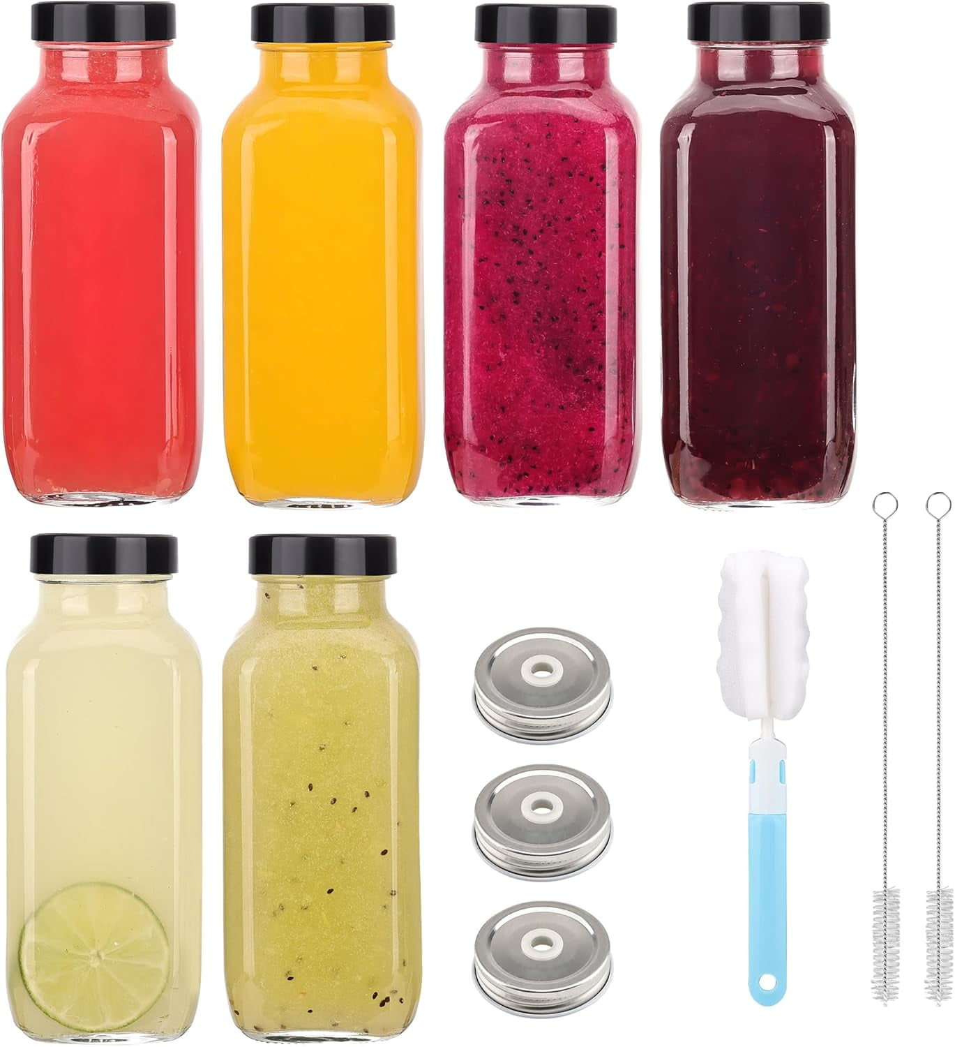 16 oz Glass Juice Bottles with Lids, 6-Pack Reusable Juice Containers ...