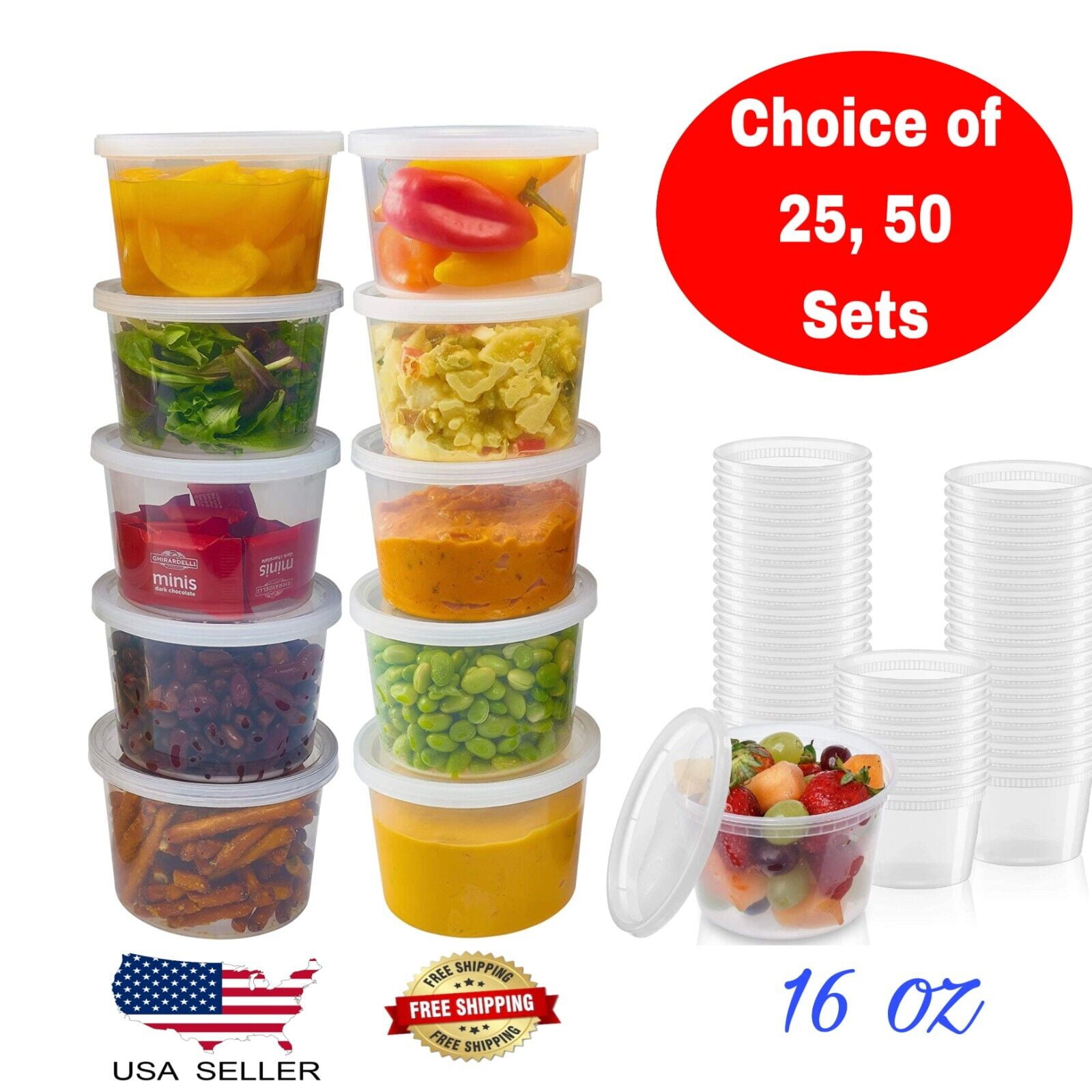 16 oz Pint Deli Plastic Food Microwavable Reusable Storage Container ...