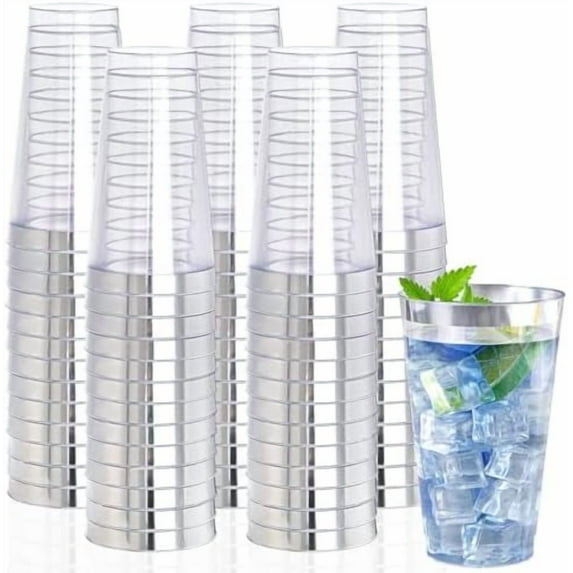 16 oz Silver Plastic Cups, 100 Pack Clear Plastic Cups,Silver Rimmed ...