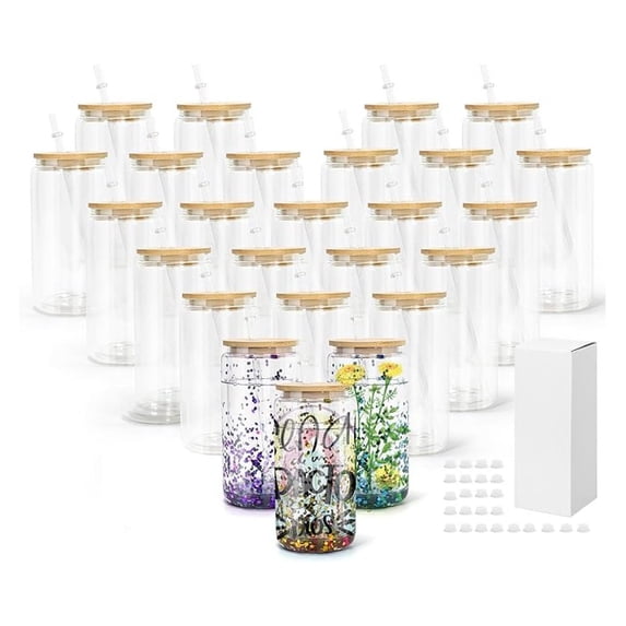 16 oz Sublimation Snow Globe Glass with Bamboo Lids and Straws, 25 Pack ...