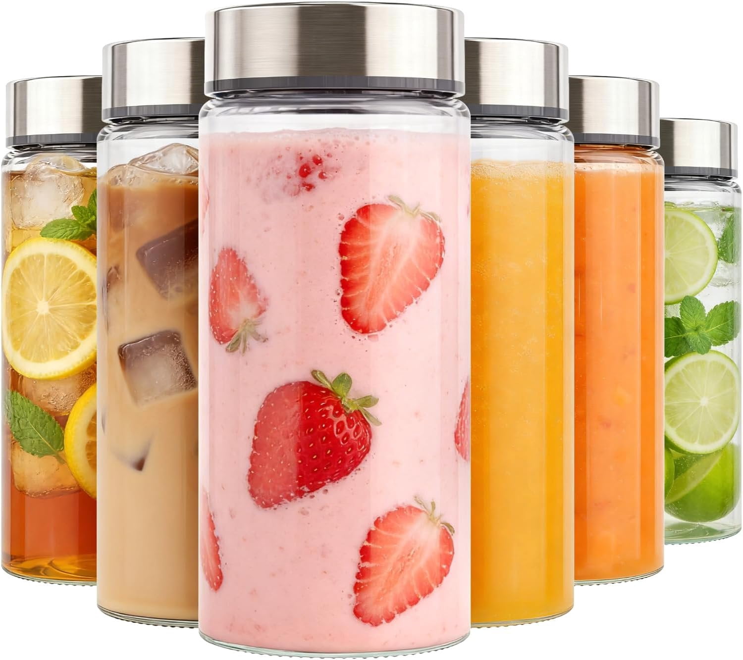 16 oz Wide Mouth Glass Juice Bottles with Stainless Steel , Leakproof ...