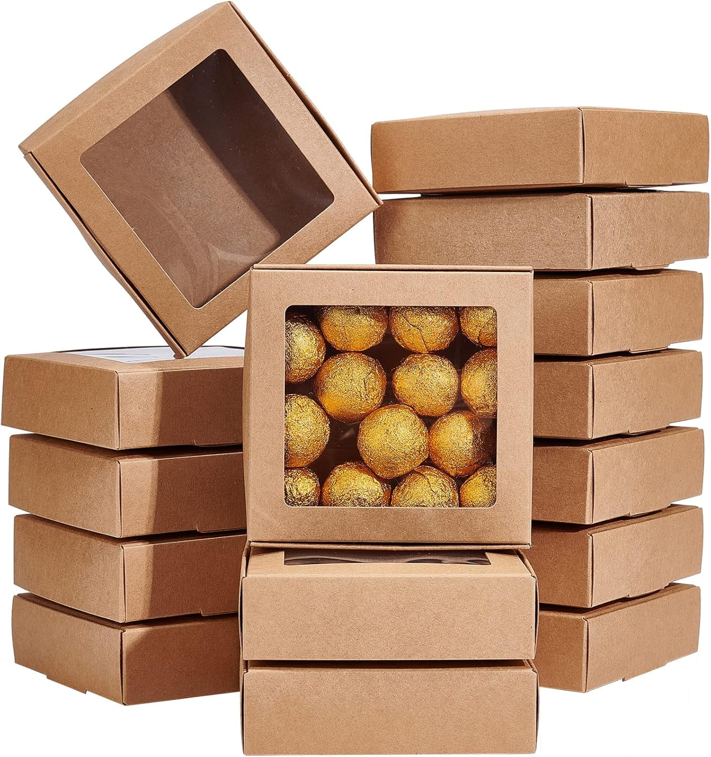 16 pc 16Packs 4.2x4.2x1.2inch Clear PVC Square Window Gift Boxes Brown ...