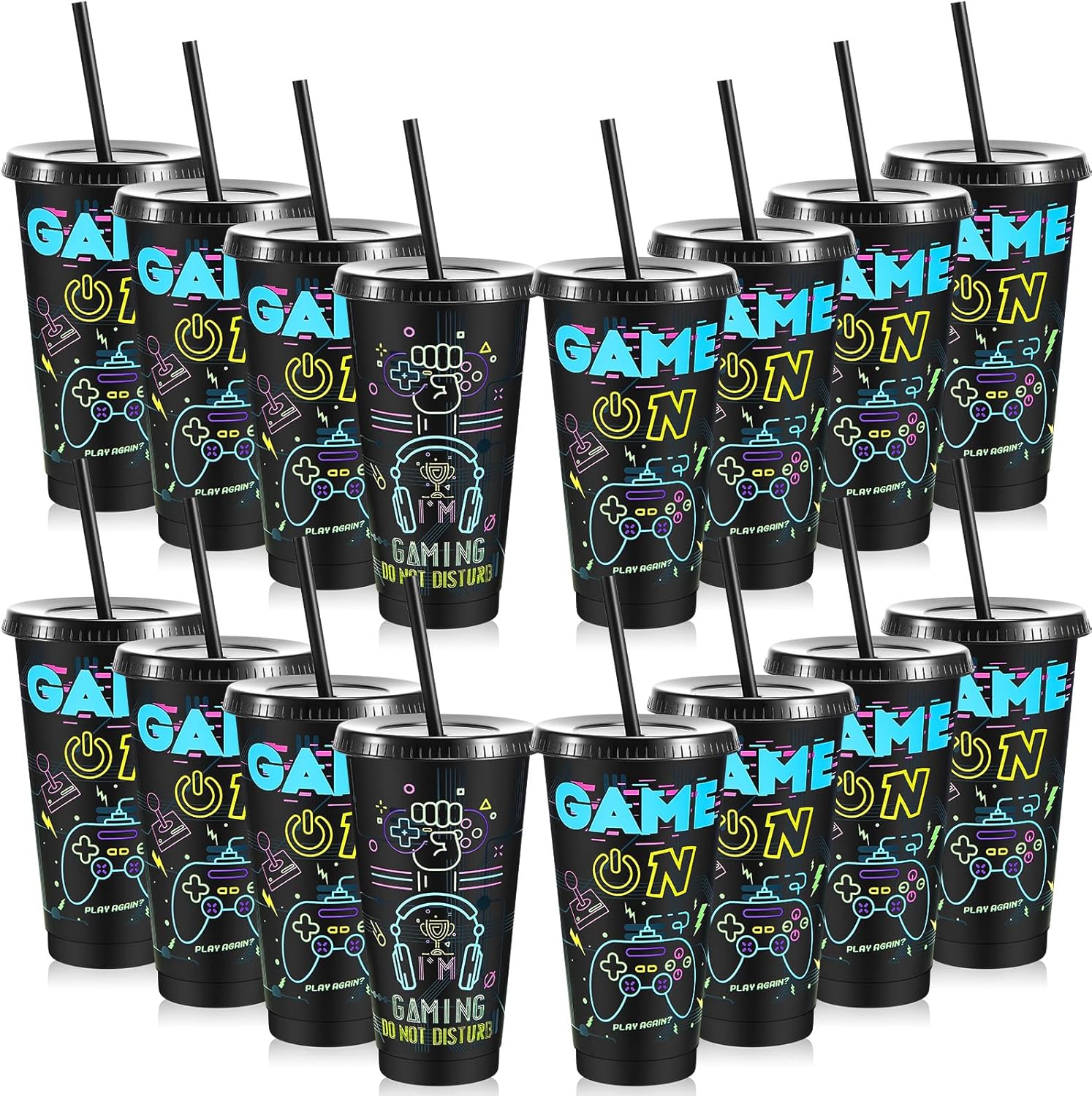 **16 pcs video game party plastic cups with lids and straws 24 oz iced ...