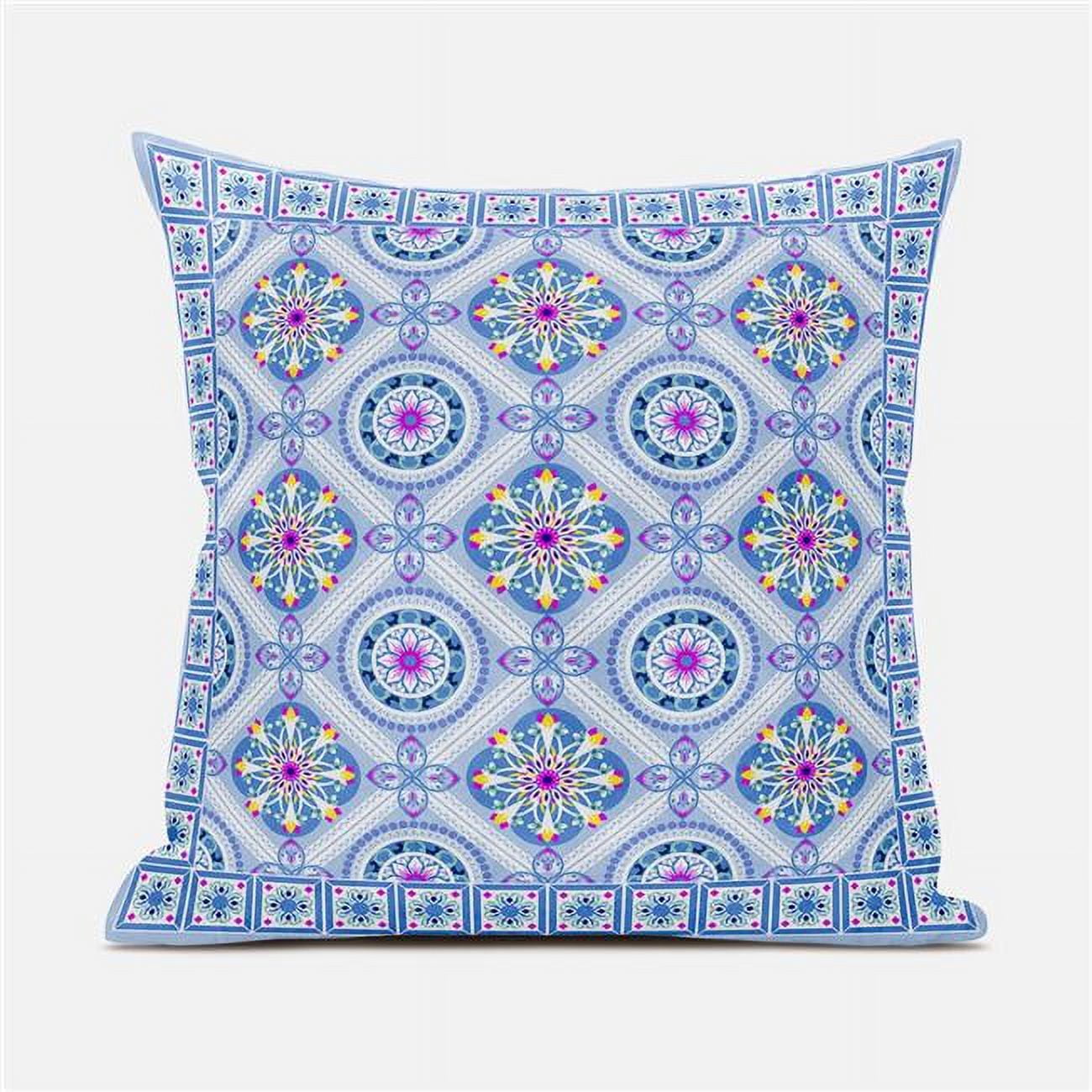 16 x 16 in. Mandala Floral Tiles Suede Blown & Closed Pillow - Sky Blue ...