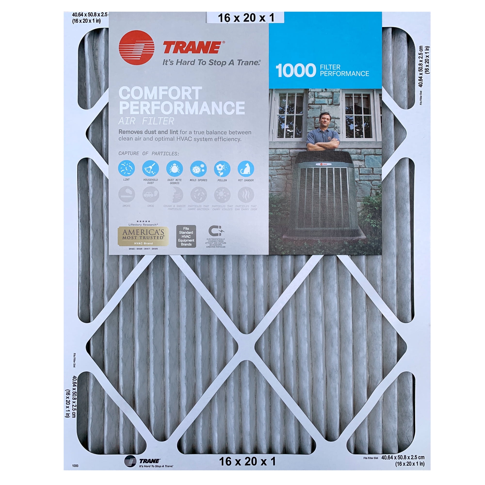 16 x 20 x 1 Trane comfort performance air filter, 1000 micro particle ...