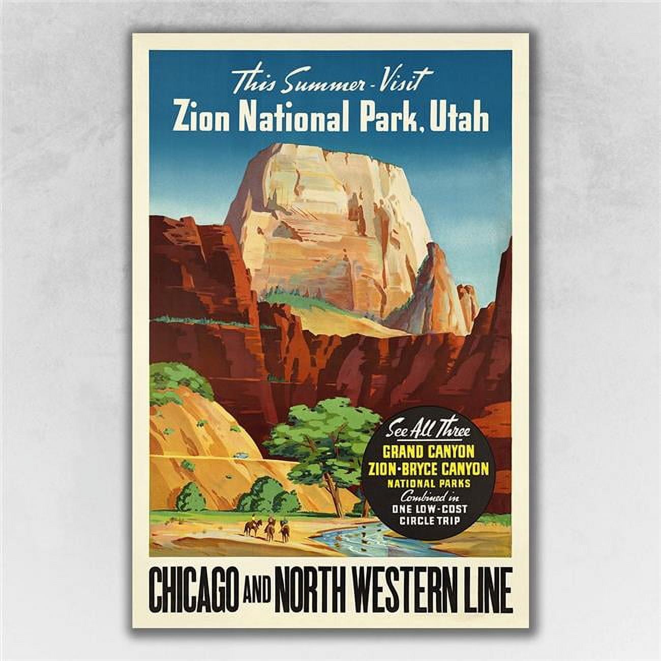 16 x 24 in. Zion National Utah c1950s Vintage Travel Poster Multi Color ...