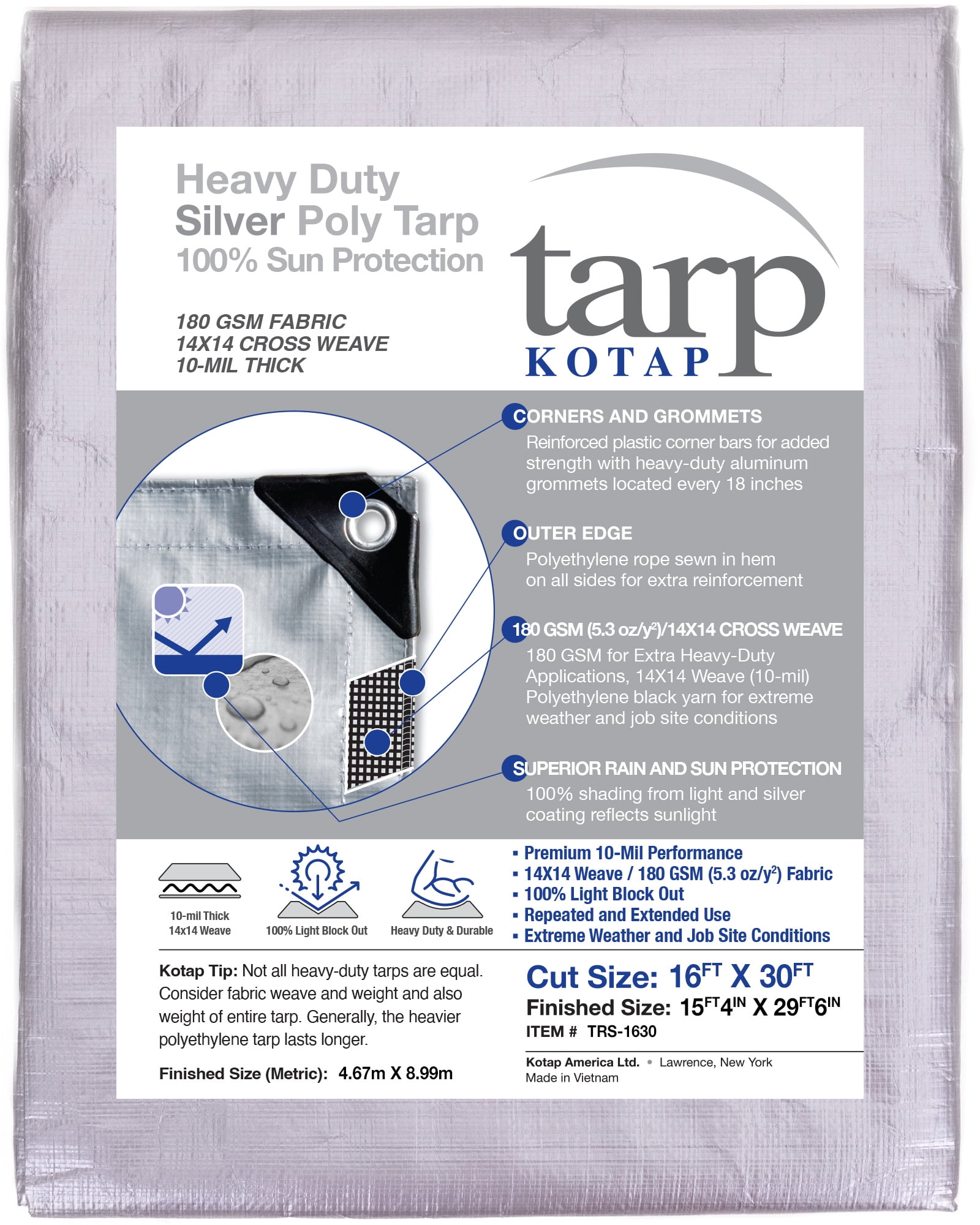 16 x 30 Ft. Heavy-Duty Protection/Coverage Tarp, Superior Weave, 180 ...