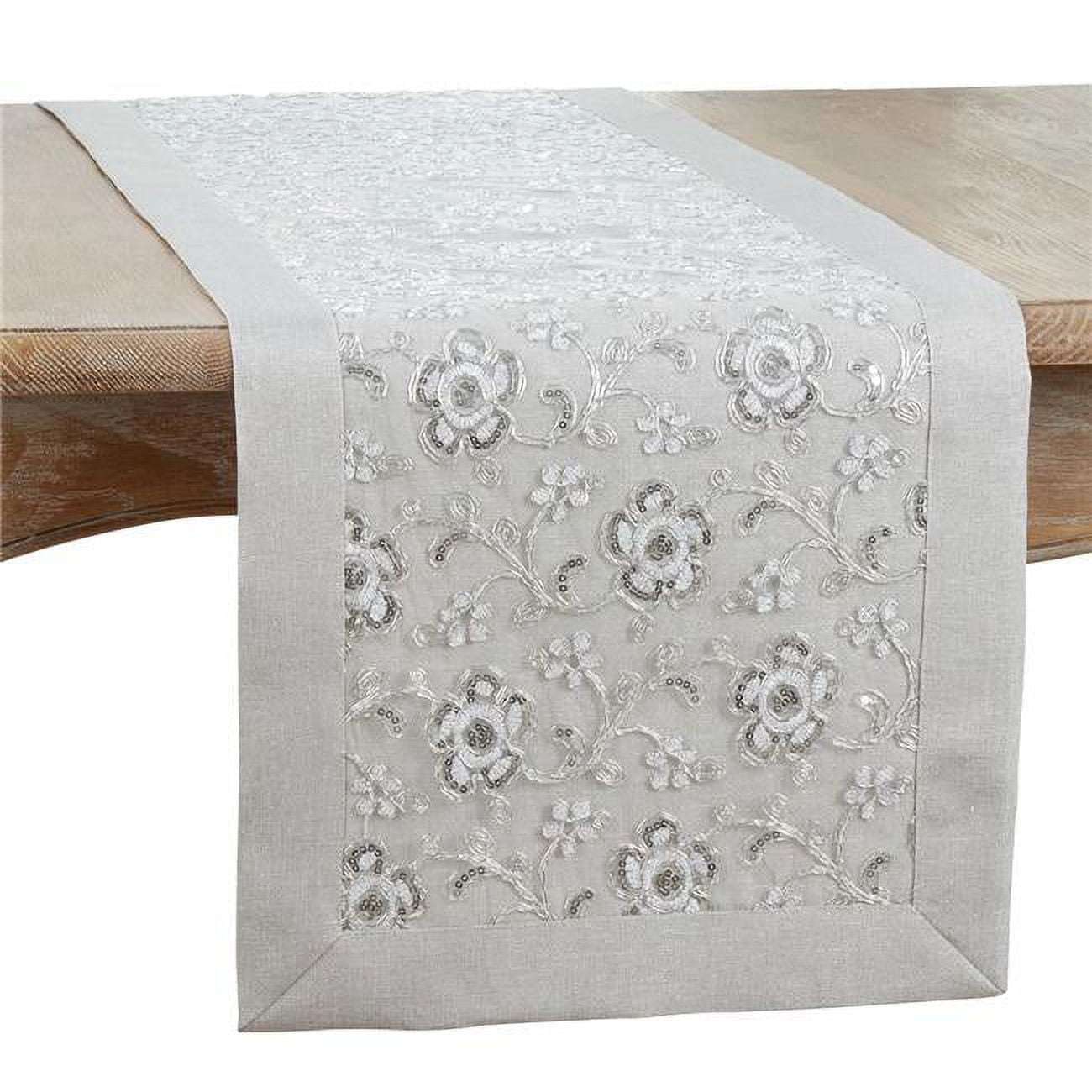 16 x 54 in. Floral Embroidered Table Table Runner, Silver Stripe ...