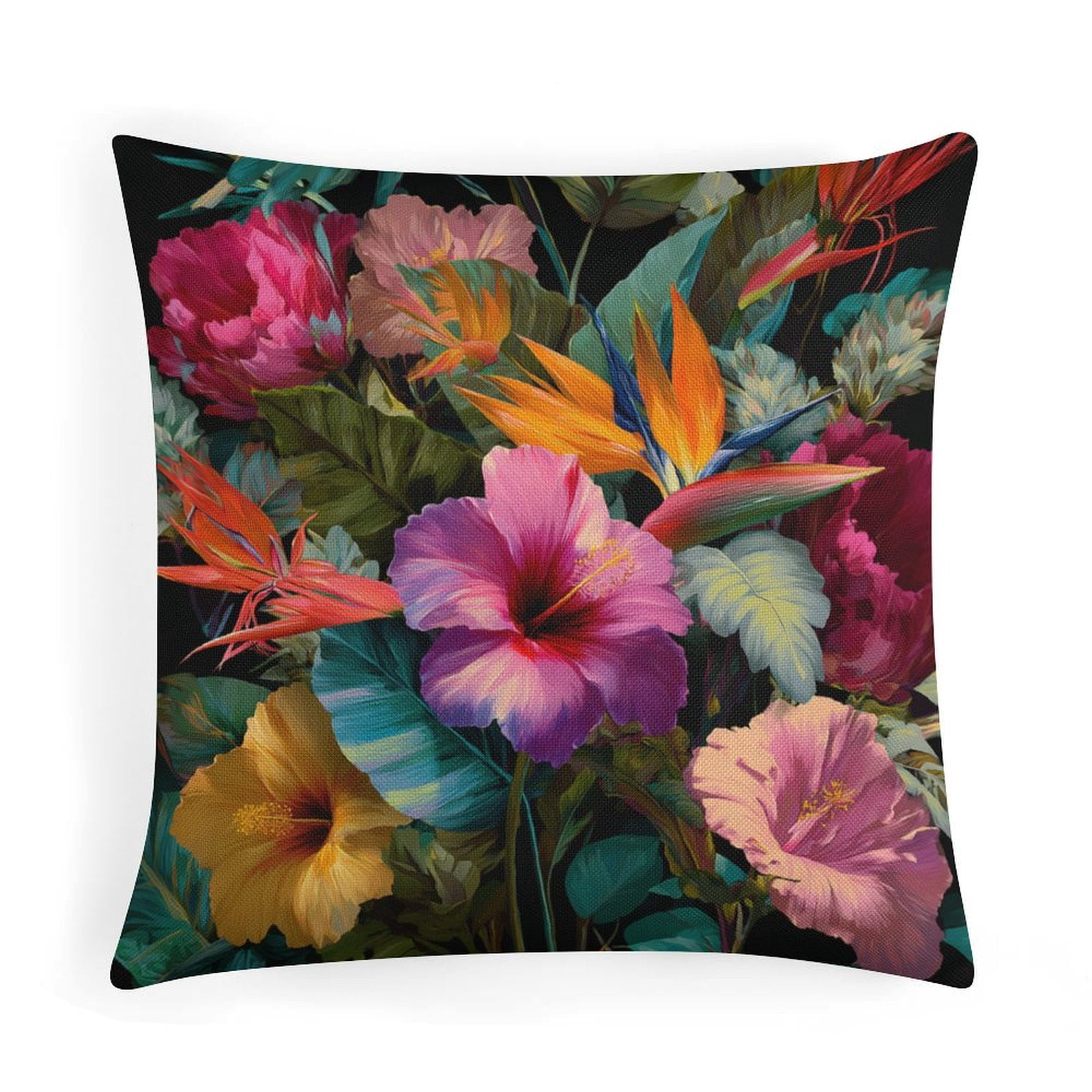 16"x16" Cushion Covers Colorful Hibiscus And Plants Linen Pillow Cover ...