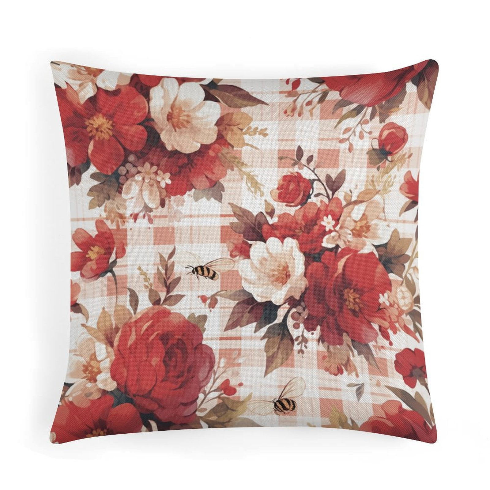 16"x16" Cushion Covers Summer Bee Red Floral Buffalo Plaid Decorative ...