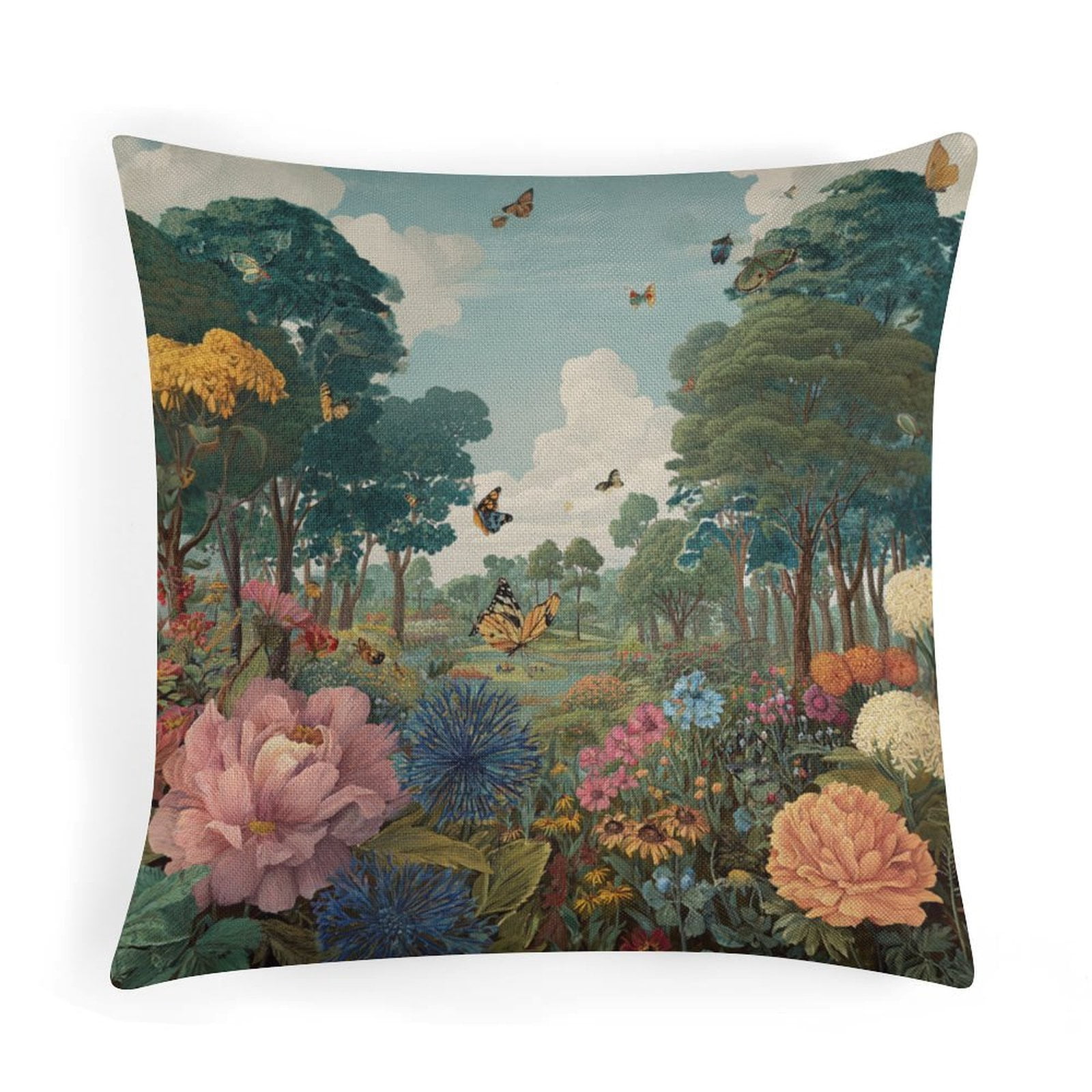 16"x16" Pillow Case Beautiful Garden Scene with Flowers Butterflies And ...