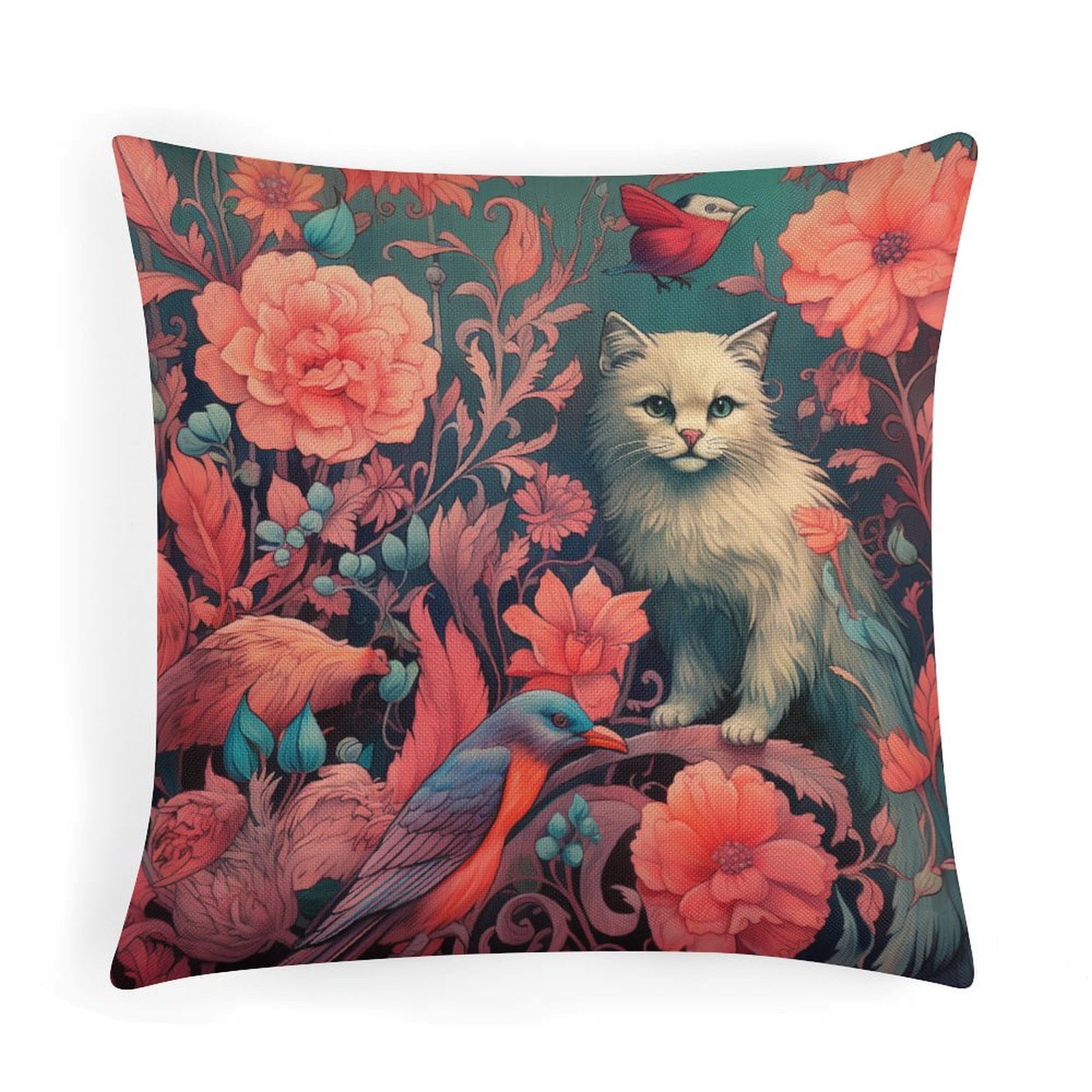 16"x16" Pillow Case Flowers And Kittens Linen Cushion Case Outdoor Home ...