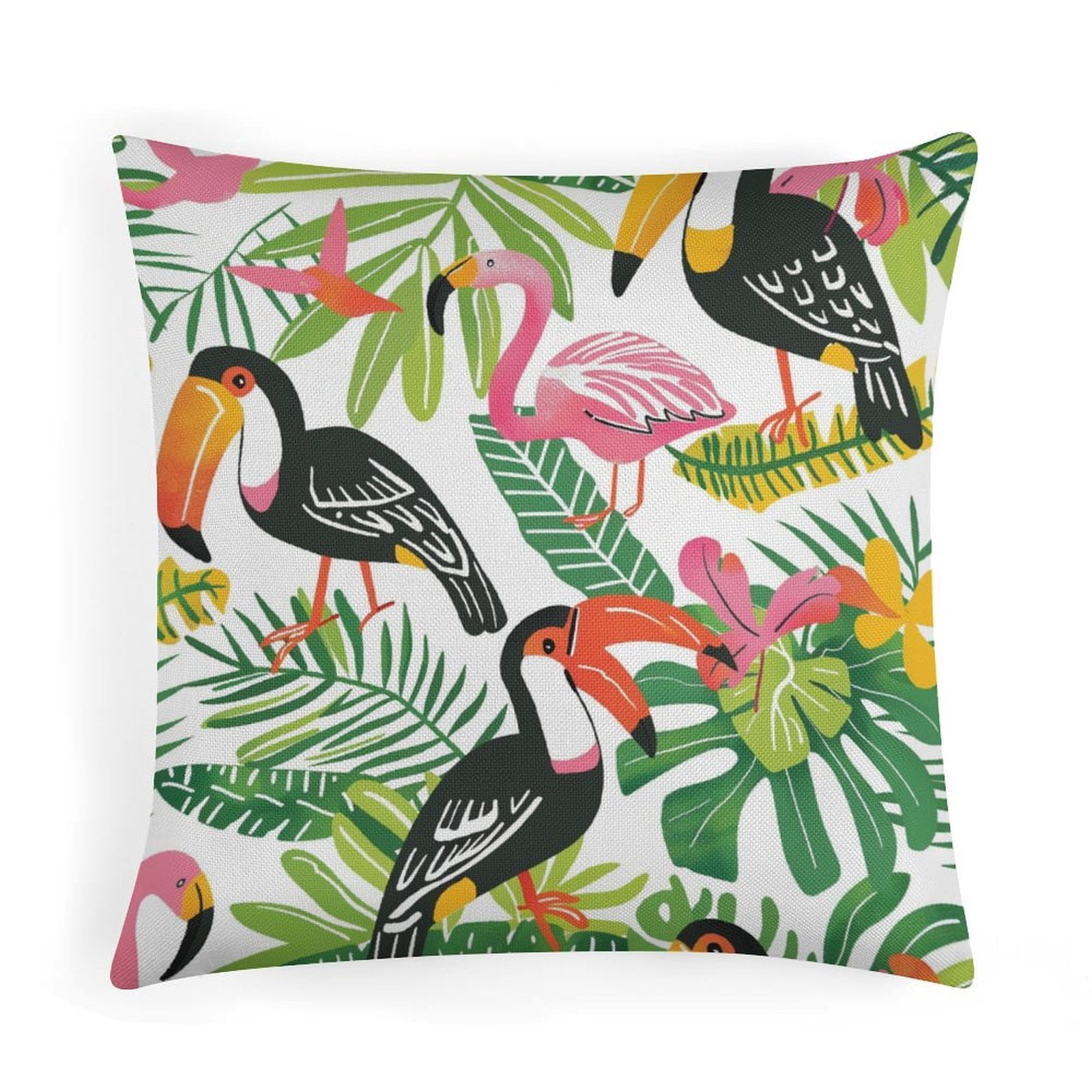 16"x16" Pillow Cover Tropical Toucans Pink Flamingos And Palm Leaves ...