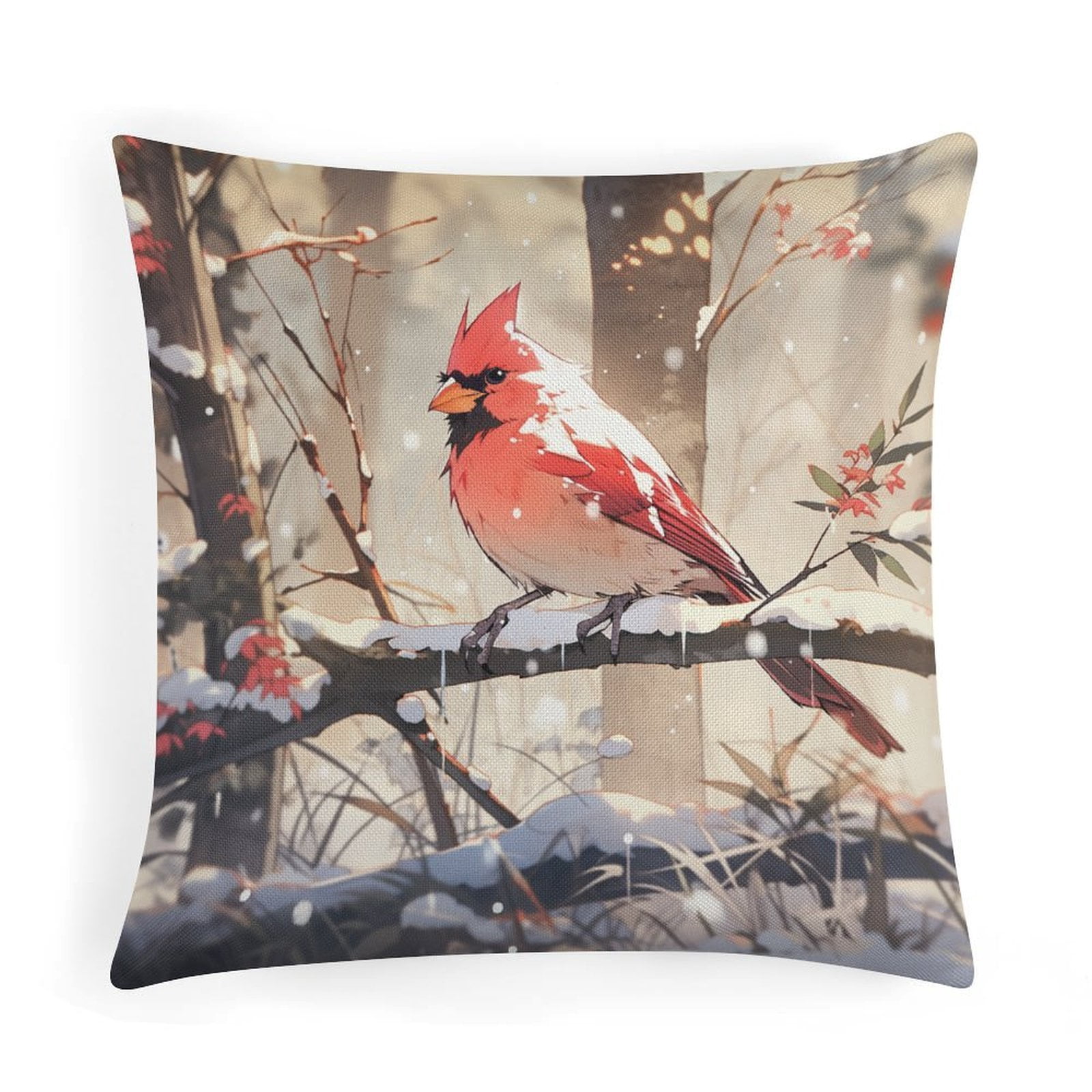 16"x16" Pillows Cover Red Bird Stand on The Tree in Winter Zippered ...