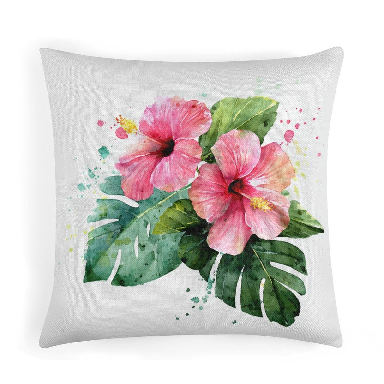 16"x16" Pillows Watercolor Hibiscus Flowers with Tropical Leaves ...