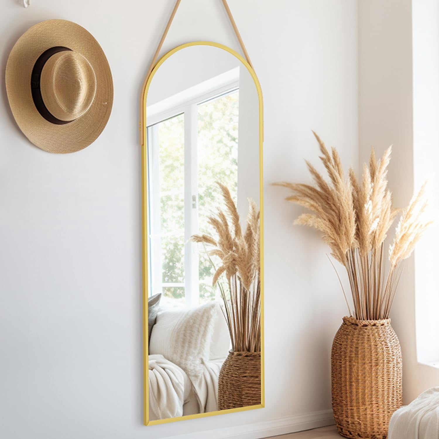 16"x48" Hanging Mirror with Leather Strap,Arched Full Length Mirror ...