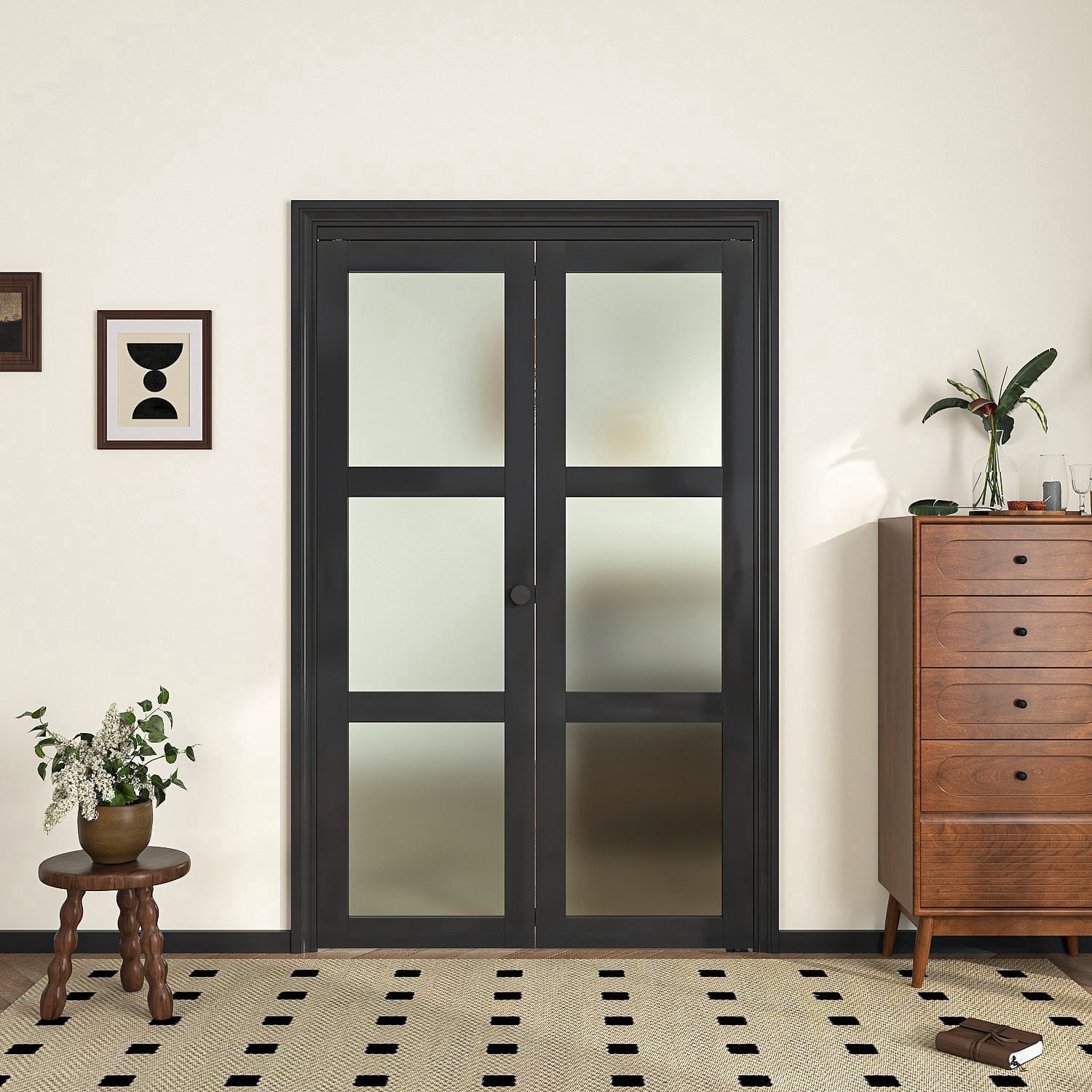 16"x78" Bifold Slding 3-Lite Frosted Glass Black PVC Wrapped Modern ...