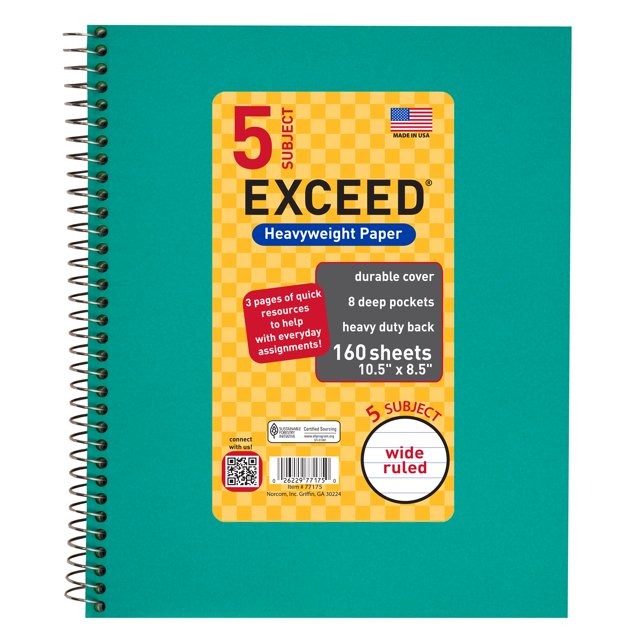 160 Count 5 Sub Teal Exceed Notebook, 10.5" x 8.5", Wide Ruled ...