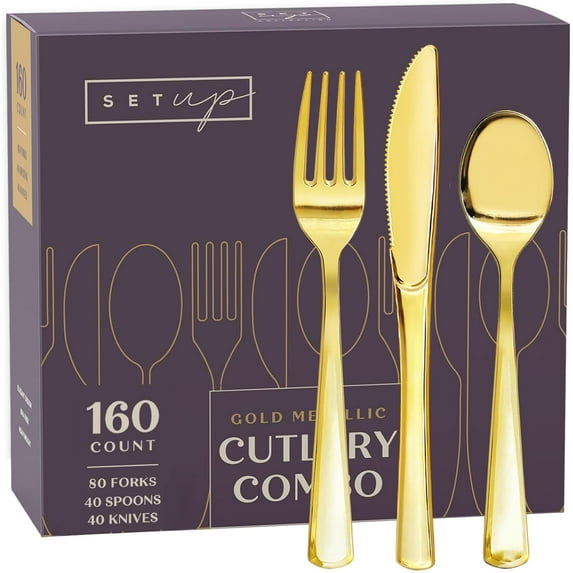 [160 Count] Disposable Silverware, Gold Combo Cutlery - 80 Forks, 40 ...