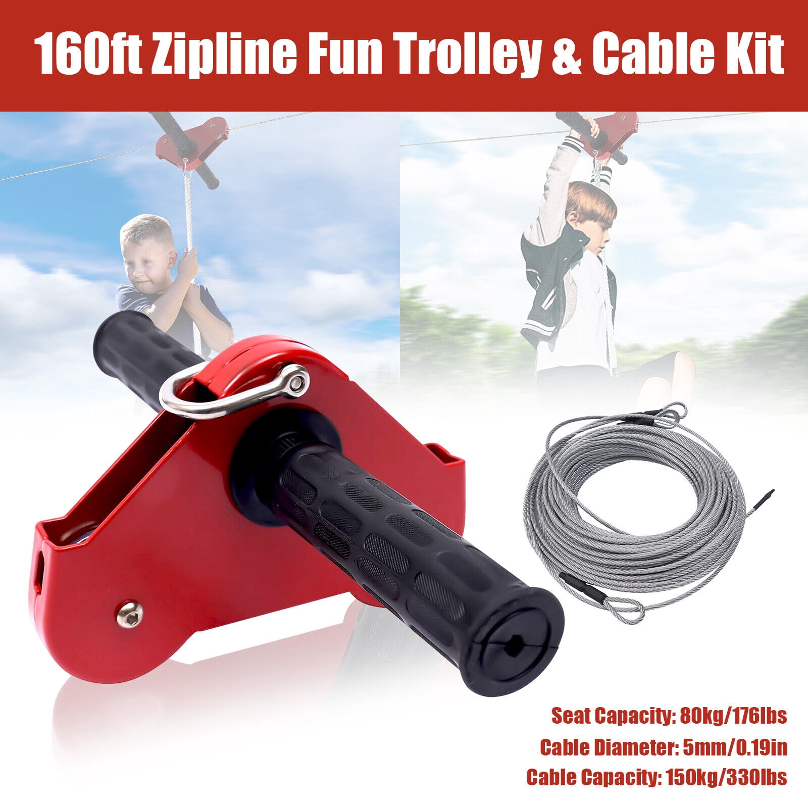 160 Feet Zip Line Kit for Kids and Adult up to 330lbs with Galvanized ...