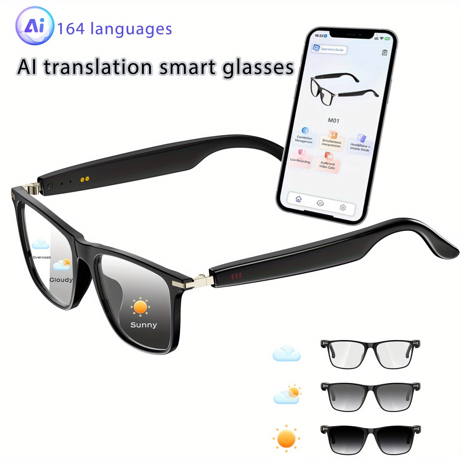160 Languages AI Smart Glasses | Real-Time Translation, HD Calls, HIFI ...