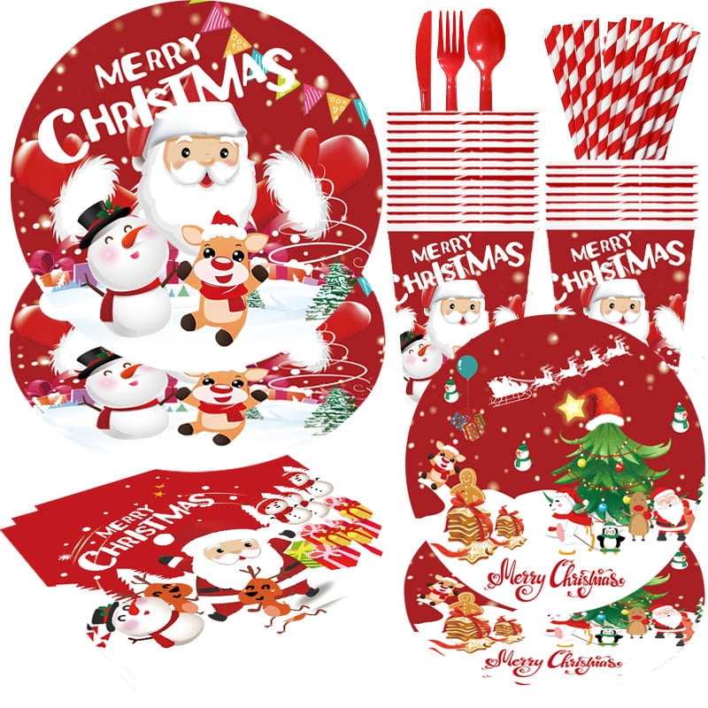 160 PCS Merry Christmas Disposable Dinnerware Sets,Christmas Paper ...
