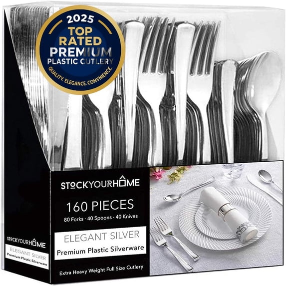 160 Pack Silver Plastic Cutlery Disposable Silverware - 80 Forks, 40 ...