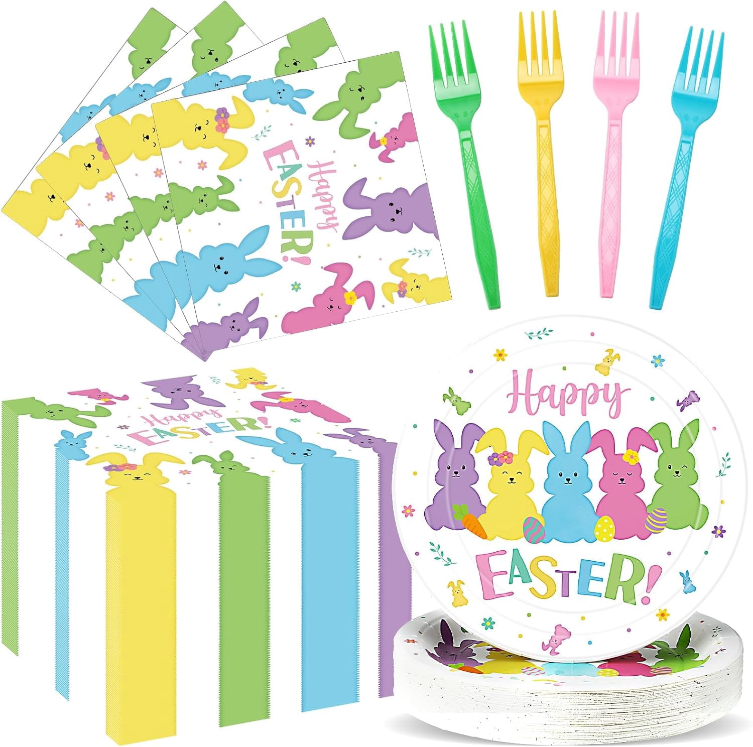 160 Pcs Easter Party Supplies Paper Plates and Napkins Forks Disposable ...