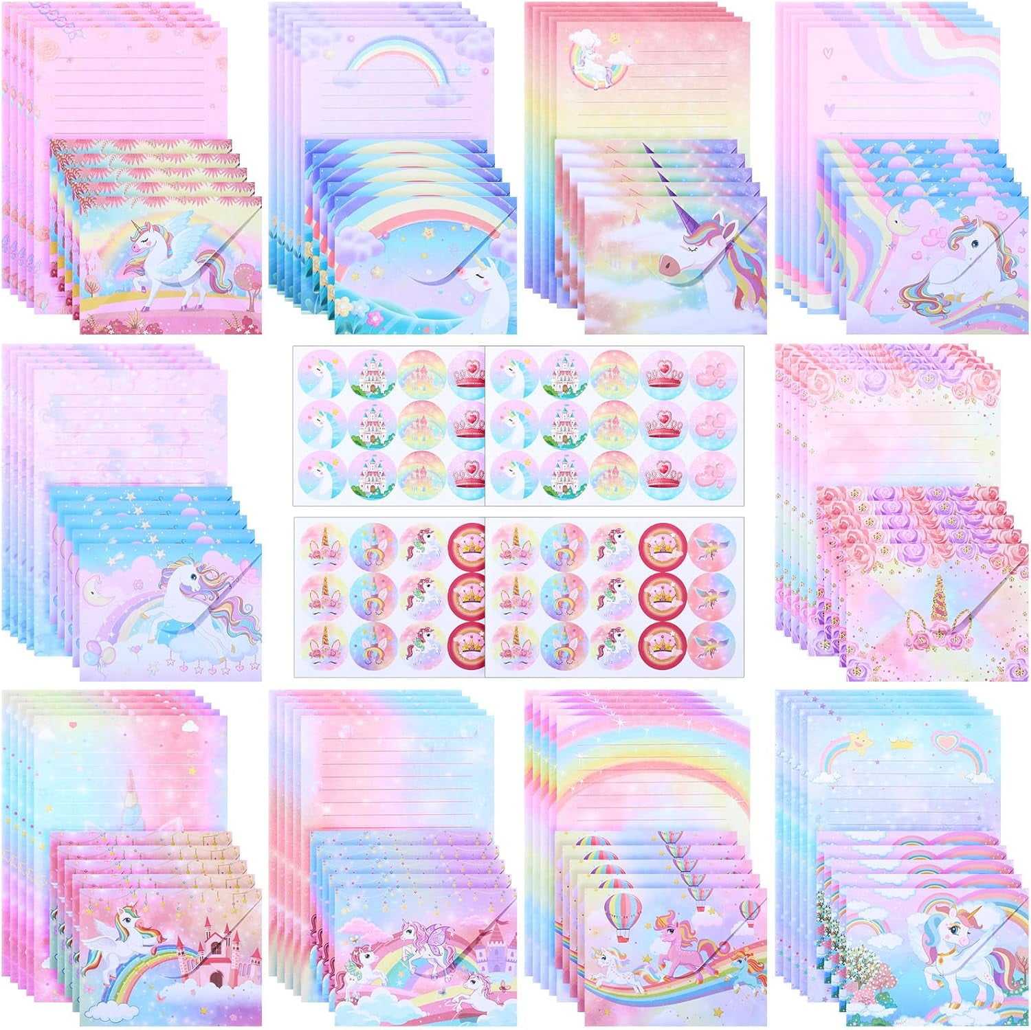 160 Pcs Rainbow Unicorn Stationary Set 50 Unicorn Writing Papers with ...