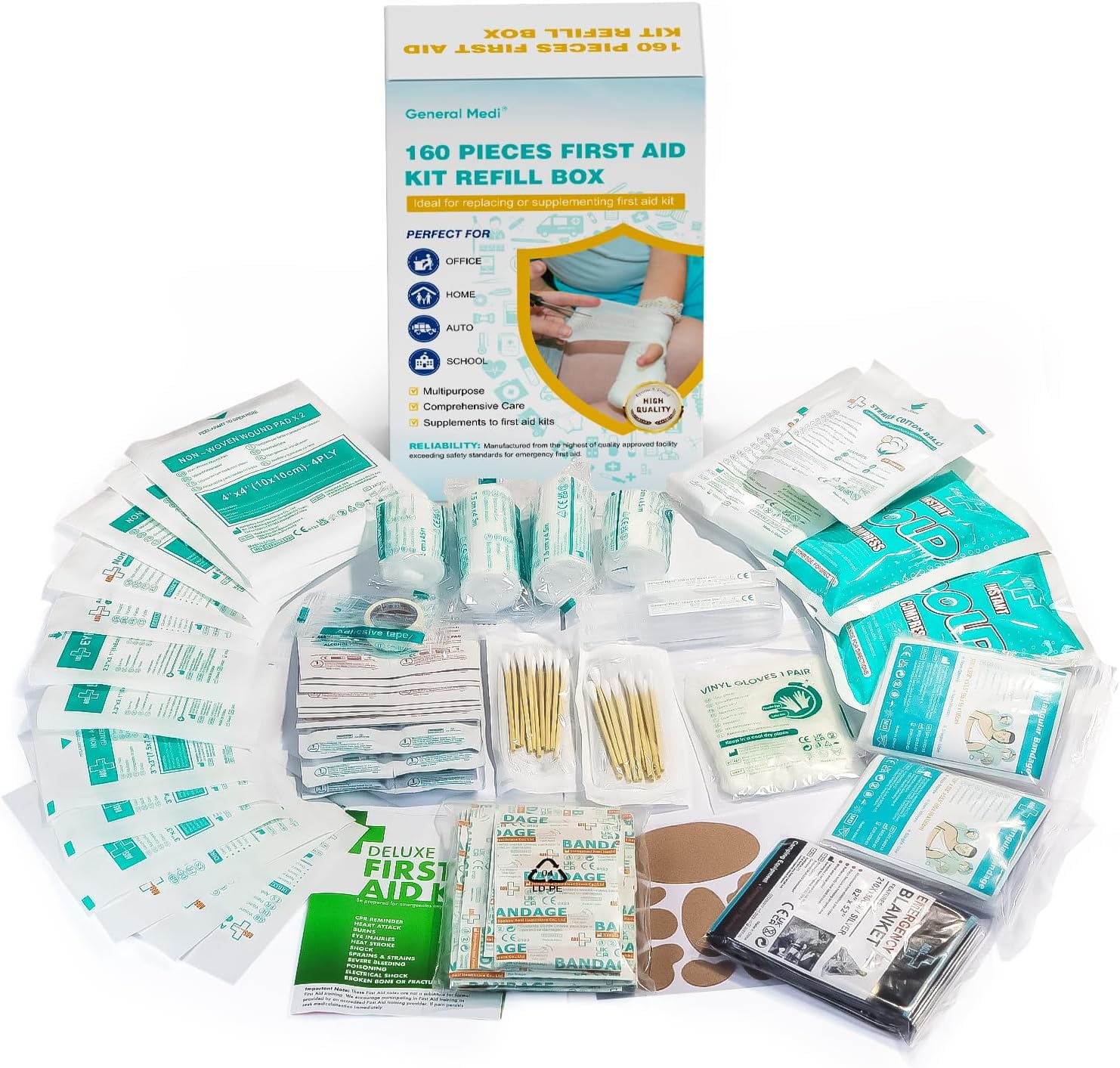 General Medi 160 Piece First Aid Kit Refill - Extra Replacement Medical ...