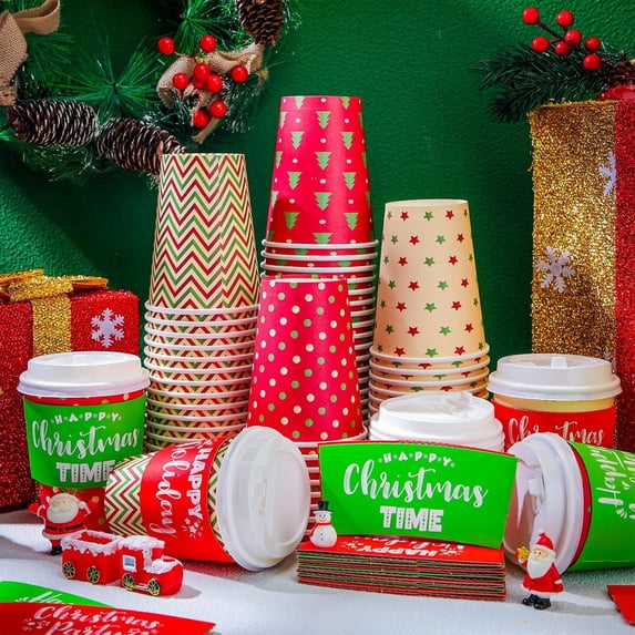 160 Sets/ 480 Pcs Disposable Coffee Cups Christmas Paper Cups with Lids ...