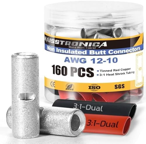 160 count Non Insulated Connectors Kit with Heat Shrink Tubing, AWG 12 ...