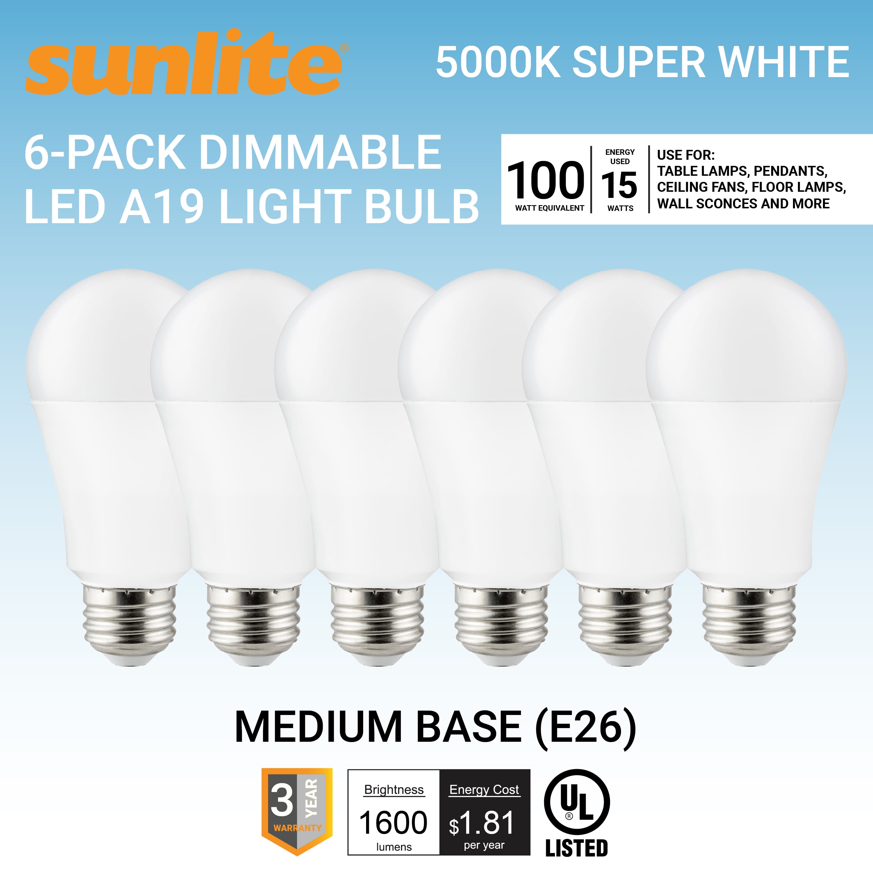 Sunlite LED A19 Light Bulb, 15 Watts (100W Equivalent), 1600 Lumens ...