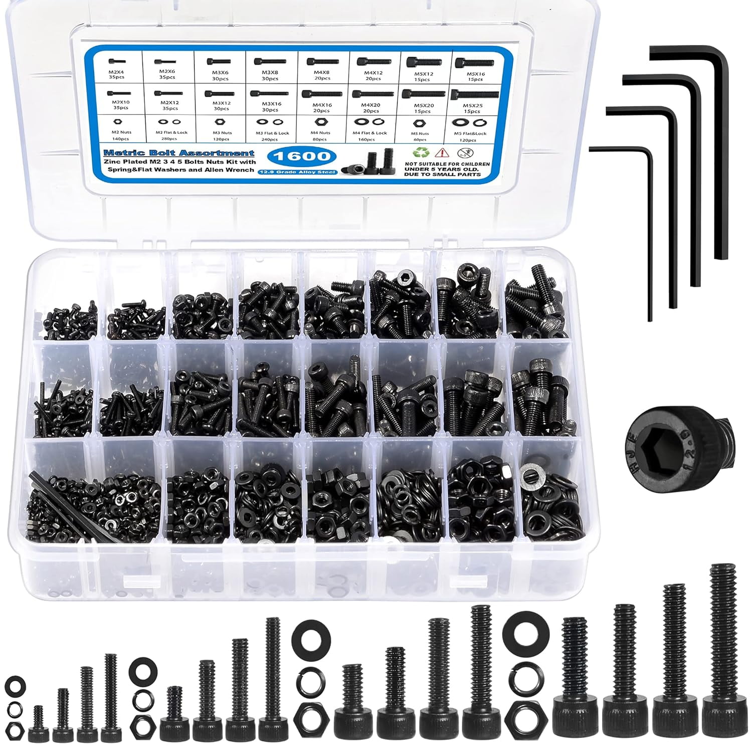 1600PCS Metric Screw Assortment M2 M3 M4 M5, Grade 12.9 Alloy Steel Metric Bolts and Nuts ...