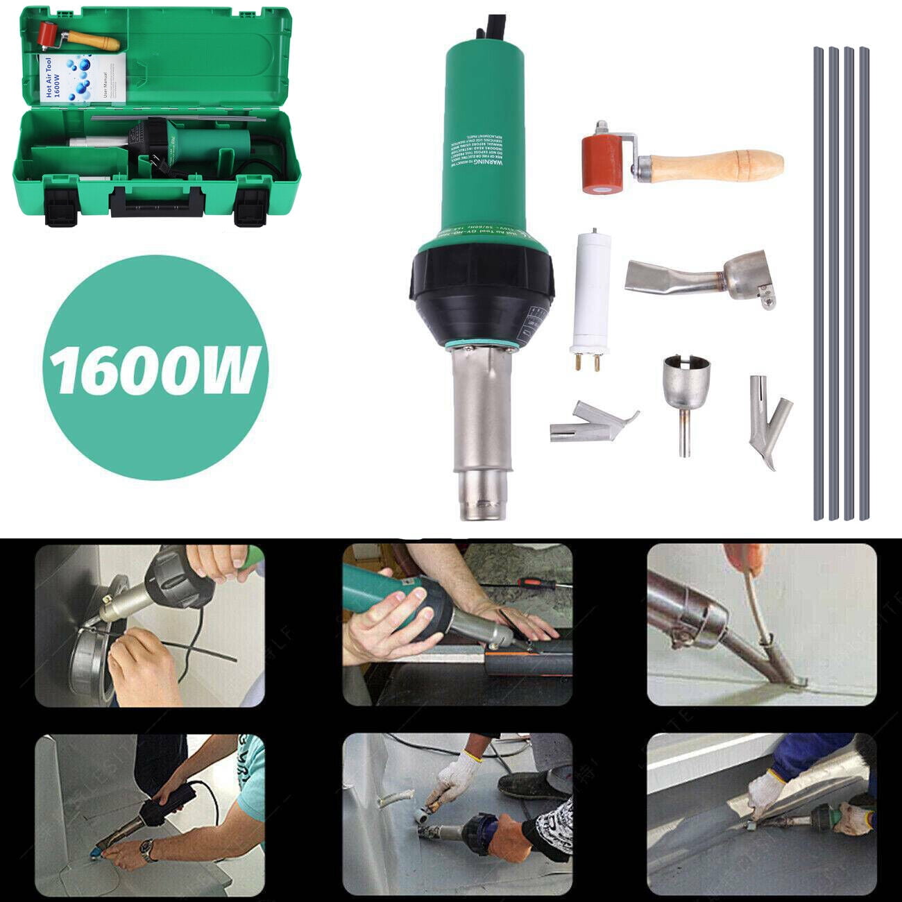 1600W Hot Air Gun Plastic Welding Heat Welder Kit w/ Nozzles & Rod ...
