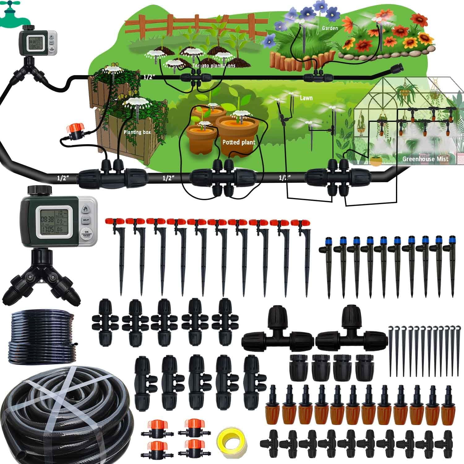 160Ft Drip Irrigation System with Water Timer for Garden, Main Water ...